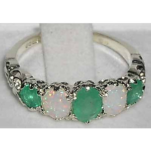 LetsBuyGold 925 Sterling Silver Natural Emerald and Opal Womens Promise Ring - Size 5.5