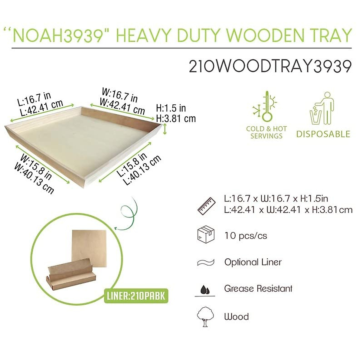 PacknWood 210WOODTRAY45-‘‘NOAH45’’ Heavy Duty Wooden Tray- Biodegradable Wood Serving Trays,Bamboo Trays for Eating, Parties, Wedding, Dessert, Birthdays, Serveware Appetizer 17.7”x11.8”x 1.6"|10 pcs