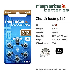 Renata Size 312 Zinc Air 1.45V Hearing Aid Battery - Designed in Switzerland (60 Batteries)
