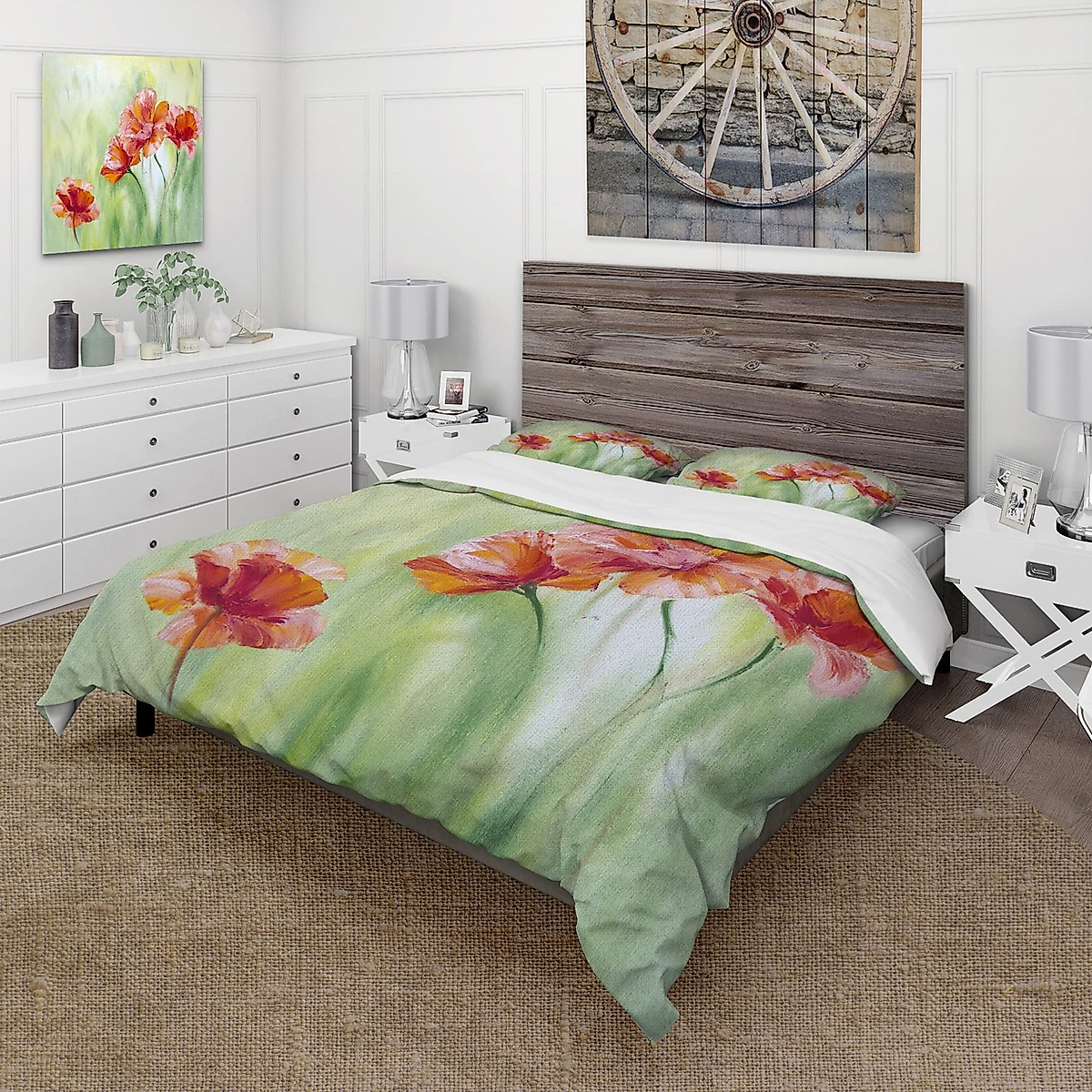 DESIGN ART Designart 'Red Blossoming Poppies I' Traditional Duvet Cover Comforter Set Full/Queen Cover + Comforter + 2 Shams 4 Piece