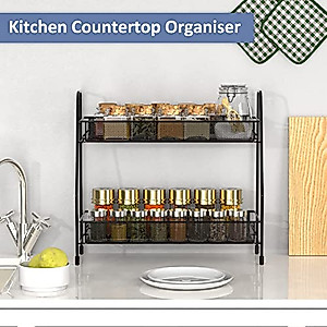 EKNITEY Spice Rack Organizer for Countertop, 2 Tier Bathroom Shelf, Desktop Makeup Organizer, Small Storage Rack for Kitchen, Bath Room, Bedroom and Office (Black)
