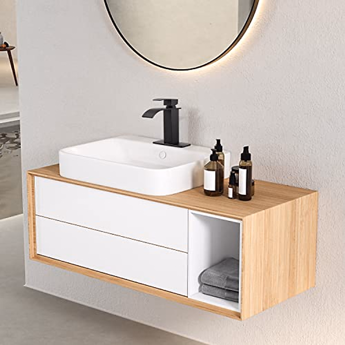 Herogo Black Bathroom Faucet with Bathroom Sink Drain, Single Handle Waterfall Bathroom Sink Faucet for 1 Hole or 3 Holes, Stainless Steel Matte Black Vanity RV Lavatory Faucet with Water Supply Hoses