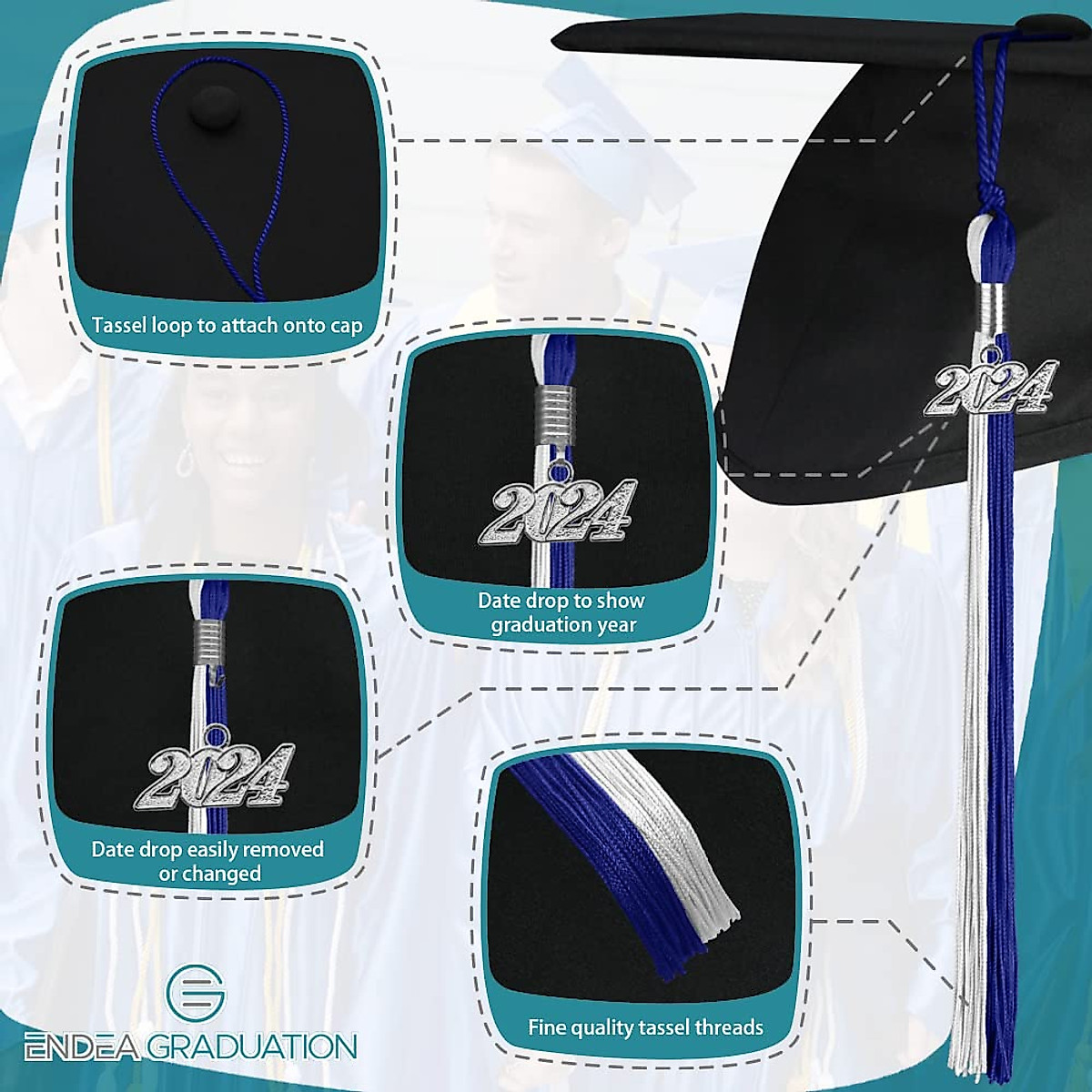 Endea Graduation Double Color Tassel with Silver Date Drop (Royal Blue/White, 2024)