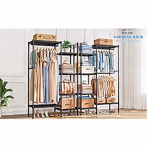 Isyunen Garment Rack, Heavy Duty Clothes Rack with Double Rods and 6 Storage Shelves and 1 Pairs Side Hooks for Hanging Clothes,Adjustable Metal Freestanding Closet Wardrobe Rack,Black (Black)