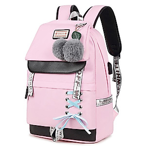 Lmeison Backpack for Girls Kids Schoolbag Children Bookbag Women Casual Daypack Teenage Girls' Backpack Middle School Students Bookbag Outdoor Daypack with USB Charge Port, Pink
