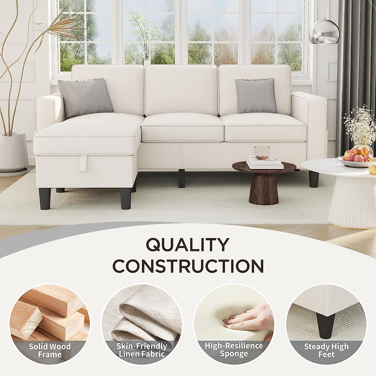 Yattem 78'' Convertible Sectional Sofa Couch：Beige L-Shaped Couches for Living Room with Reversible Chaise—3-Seat Modern Linen Sectional Couches for Living Room/Apartment/Studio/Small Space