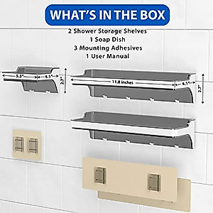 Traceless Adhesive Shower Caddy with Hooks – No Drilling Wall Mounted Bathroom Shower Organizer– Rustproof Shower Shelves for Inside Shower and Kitchen Storage with Soap Dish –3 Pack