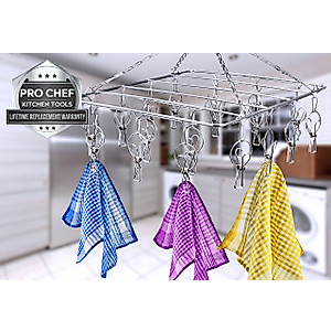Pro Chef Kitchen Tools Laundry Drying Rack - Rectangle Hanging Clothes Dryer with 18 Clothes Pins - Hangers with Clips - Retractable Clothesline - Mitten Drying Rack - Indoor Outdoor Laundry Hanger