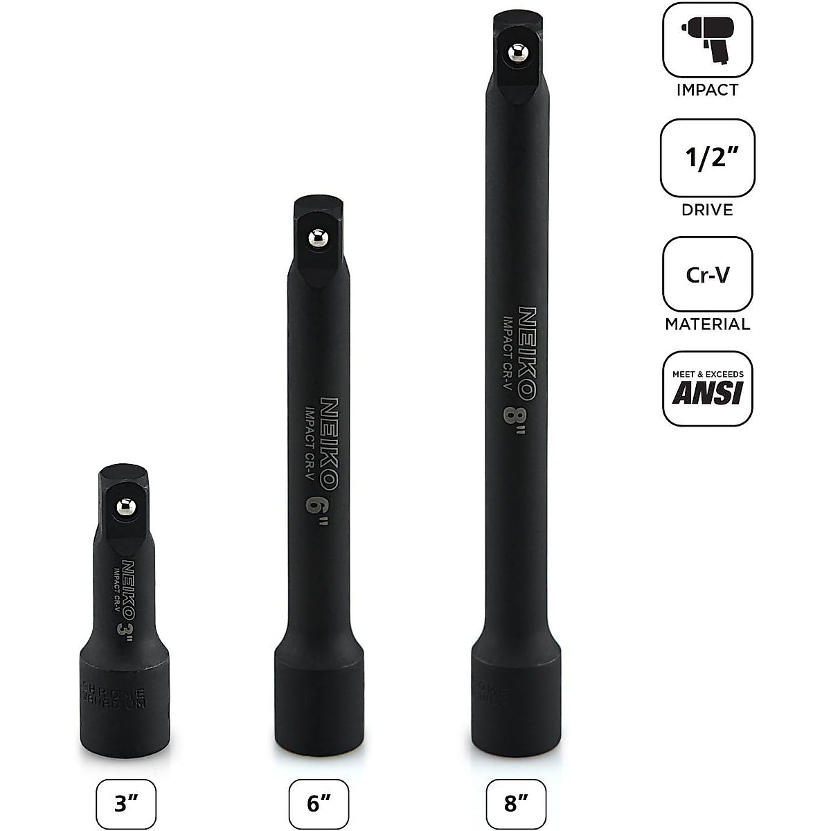 NEIKO 00237A 1/2-Inch-Drive Impact Extension-Bar Set, Made with CrV Steel, 3-Inch, 6-Inch, and 8-Inch Sizes, 3-Piece Set
