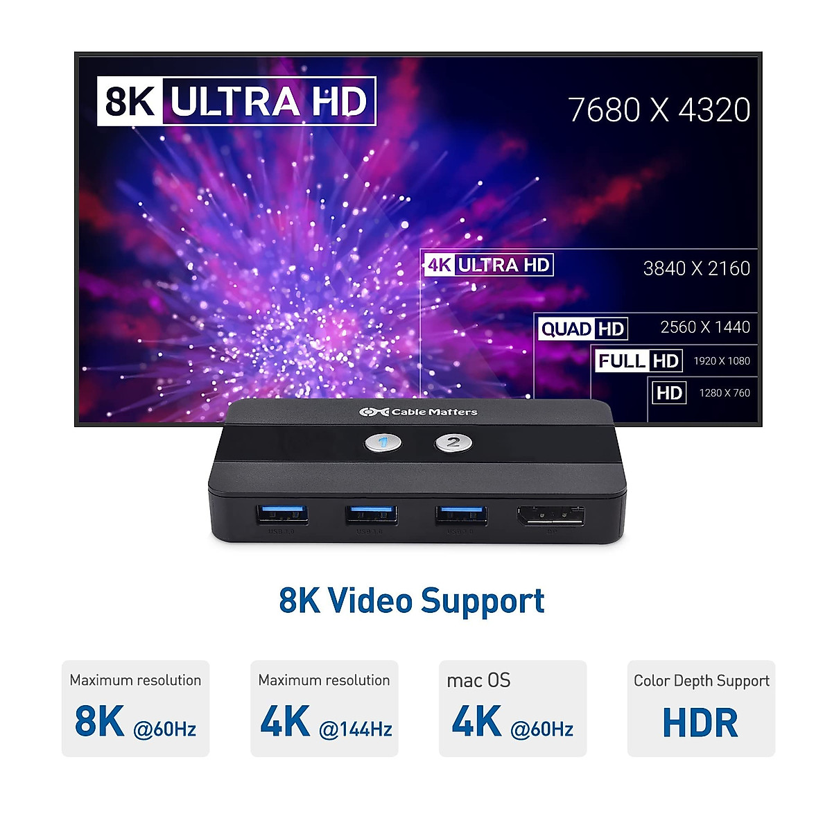 Cable Matters USB 3.0 KVM Switch DisplayPort 1.4 for 2 Computers and USB C Hub DisplayPort 1.4 Bundle