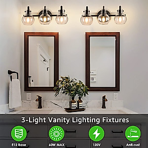 FOLKSMATE Bathroom Vanity Light Fixtures, Modern 3 Lights Wall Sconce Lighting Matte Black, Wall Lamp Wall Mount Light Fixture with Globe Glass Shade