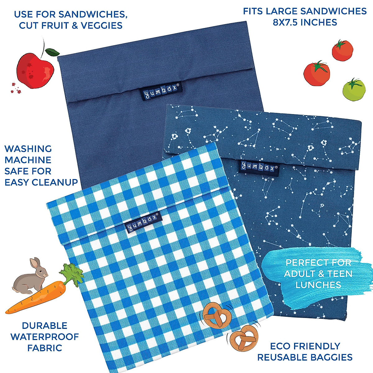 Yumbox Sandwich Bag/Snack Bag, Insulated, Reusable Fabric, Washable, Easy Touch and Pull Closure Food Safe, BPA Free, 8 x 7.5in - Starry Sky