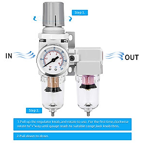 NANPU 1/4" NPT Air Dryer System - 5 Micron Particulate Filter, 0.5 Micron Coalescing Filter & Air Pressure Regulator, Water Trap Separator - Semi-Auto Drain,0-150 psi Gauge, Poly Bowl, Metal Bracket