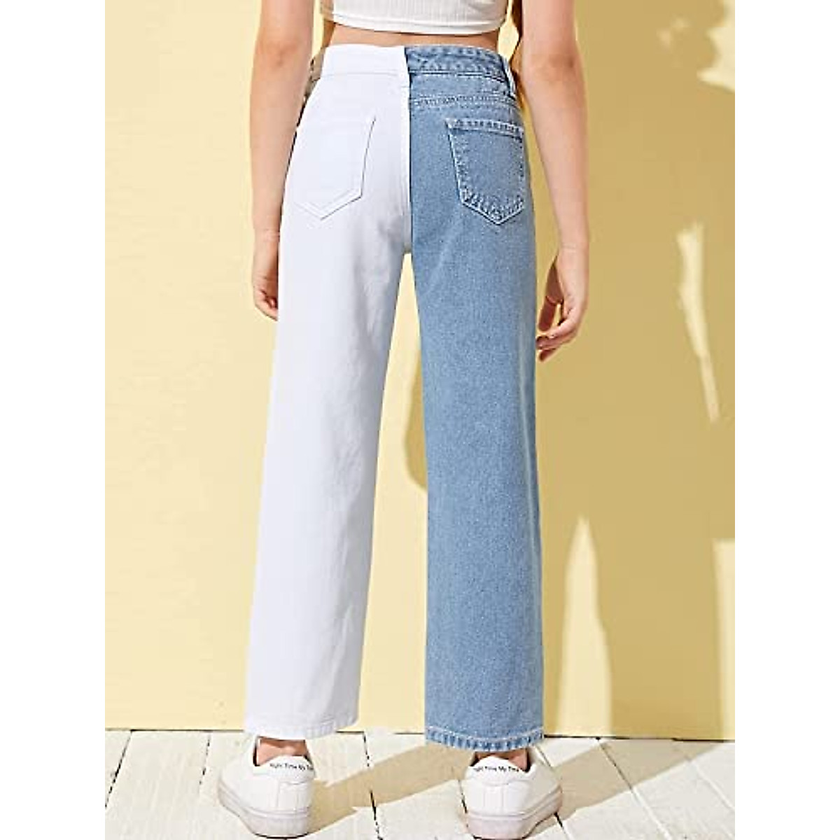 Floerns Girls Colorblock High Waist Ripped Jeans Destroyed Denim Pants White Blue Multi 160