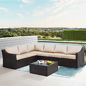 EROMMY 7 Pieces Outdoor Patio Furniture Set, Sectional PE Rattan Conversation Set, Sofa Set with Glass Table, Cushions and Pillows, Patio Sofa for Garden, Lawn, Balcony