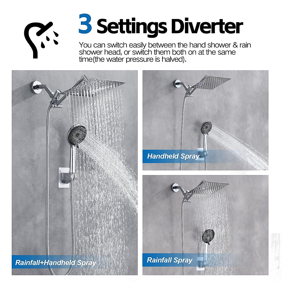 Shower Head,8”Rain Shower Head with Handheld Spray Combo with 11'' Angle Adjustable Extension Arm/Flow Regulator/Shower System,High Pressure Rainfall Shower Head Clean Bathroom,Chrome