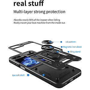 Ephoou Phone Case for Samsung Galaxy Z Flip 5 5G for Men, Heavy Duty Protective with 360° Finger Ring Stable Kickstand Case for Samsung Galaxy Z Flip5 5G SJ-Black