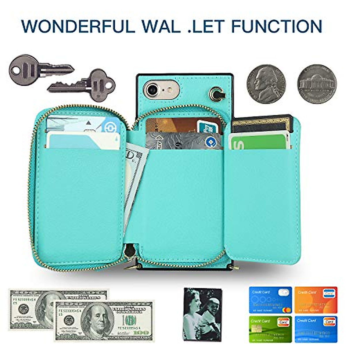 DEFBSC Zipper Wallet iPhone 8 Case, iPhone 7 Case, iPhone SE 2020/ SE 2022 Case, PU Square Wallet Case with Crossbody Chain Credit Card Holder Slot Shoulder Handbag Purse Wrist Strap Case(Green)