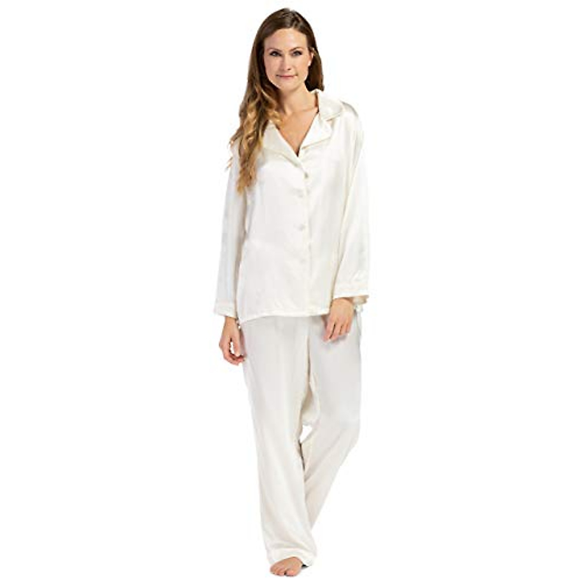 Fishers Finery Women's 100% Pure Mulberry Silk Long Pajama Set with Gift Box - Button Down Pj Top, Cool and Comfortable Loungewear (White, XL Petite)