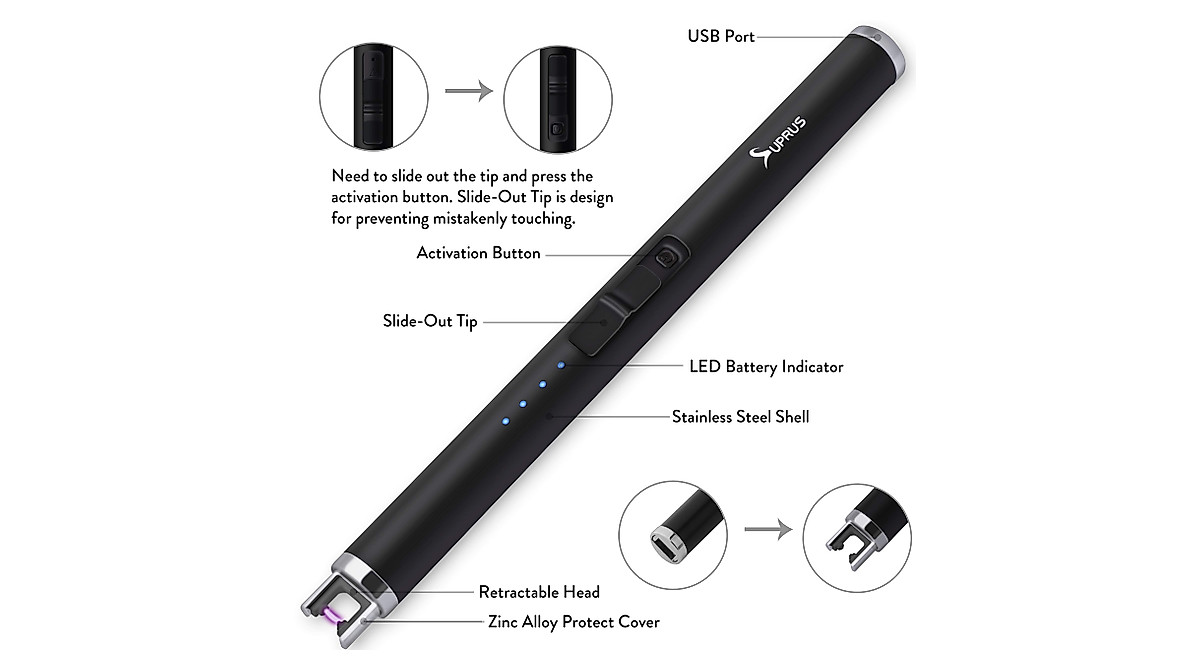 SUPRUS Rechargeable Electric Candle Lighter with Safety & Battery Display