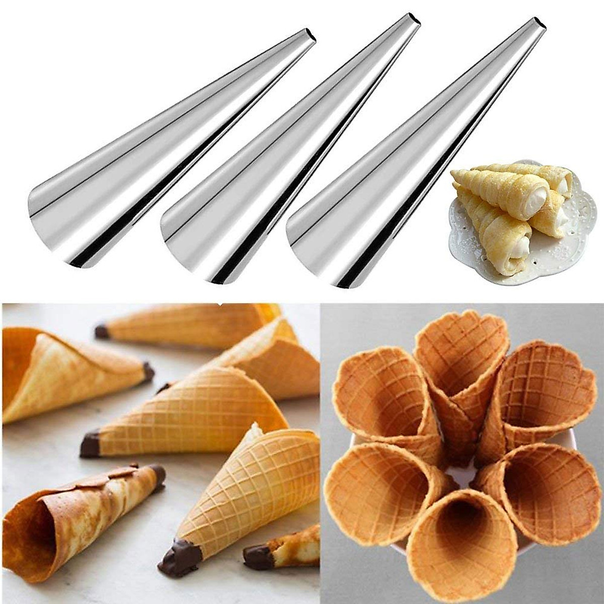 Cream Horn Molds, 21 pcs Moulds Stainless Steel Cannoli Form Tubes Cream Roll Mold Screw Croissant Mold Cone Tubular Shaped Mold for Cannoli Tubes Croissant Baking Forms Mould with Cleaning Brush