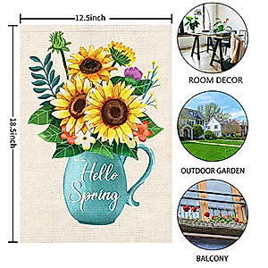 WODISON Hello Spring Summer Garden Flag Floral Sunflower Vase 12×18 Inch Double Sided Vertical Flag Burlap for Outside House Outdoor Decoration Banner (ONLY FLAG)