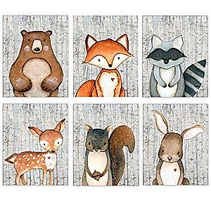Woodland Nursery Decor for Boys - Animal Pictures Wall Art - Baby Room Prints - Bear Deer Fox Raccoon Rabbit Squirrel - SET OF 6-8x10 - UNFRAMED