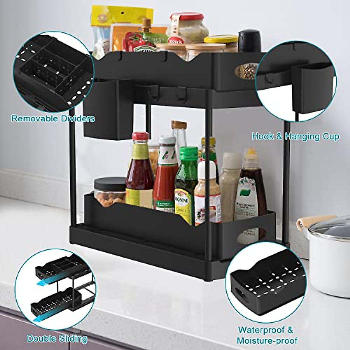 2 Pack Under Sink Organizer, 2 Tier Double Sliding Under Sink Organizers and Storage Multi-Purpose Under Cabinet Storage with Hooks, Hanging Cup, Dividers, for Bathroom Kitchen