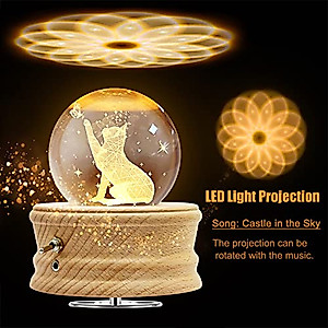 Figermoon 3D Crystal Ball Music Box with Projection LED Light and Rotating Wooden Base, Gift for Birthday Christmas Day, Music Boxes for Women Mom Daughter(Cat)