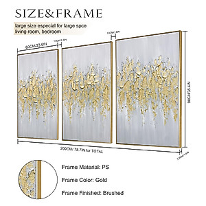 Zessonic Framed Gold Abstract Wall Art - Glam Gold Hand-Painting Canvas Art for Living Room Bedroom Decor Glitter Abstract Artwork for Modern, Contemporary Decor, 24" x 36" x 3 Panel