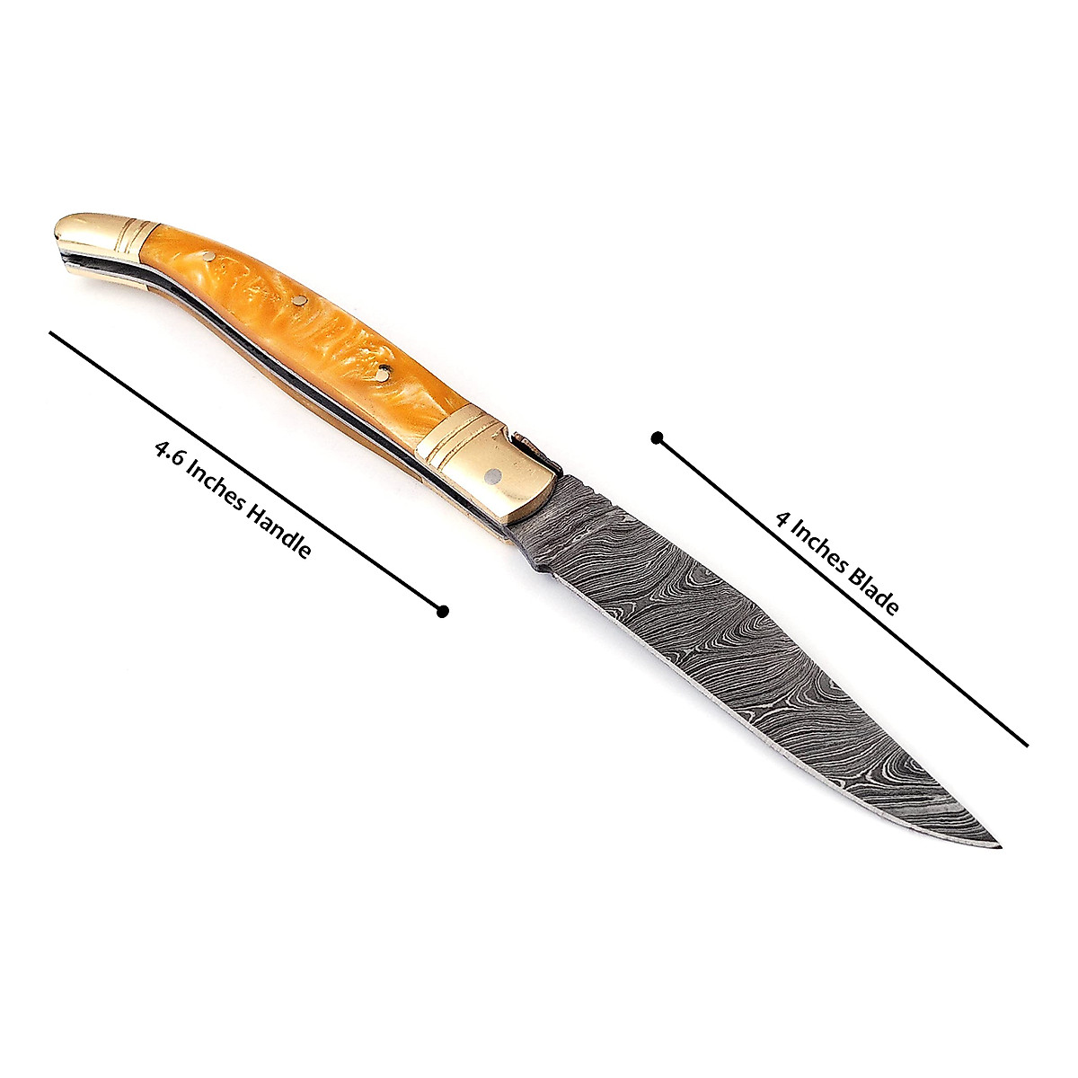 Laguiole Folding Damascus steel knife, 8.5" Long with 4" hand forged custom twist pattern Blade. Beige color unshrinkable Raisen scale with brass bolster, Cow hide leather sheath included