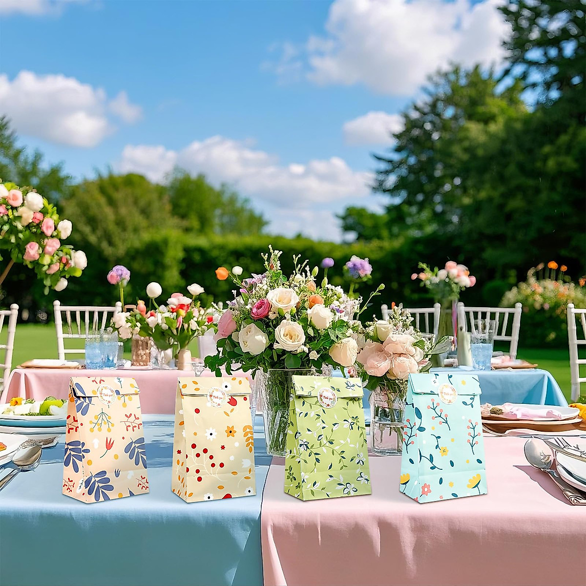 AerWo 48pcs Floral Gift Bags, Flowers Birthday Gift Bag, Goodie Bags, Goodie Bags for Kids Birthday, Gift Bag Bulk, Baby Shower, Wedding Party Favor Bags with Thank You Stickers