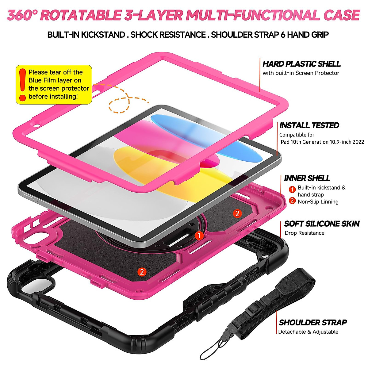 SIBEITU Case for iPad 10th Generation 10.9 inch 2022 with Screen Protector Pencil Holder, 3 Layer Shockproof Rugged Protective Case for iPad 10th Gen A2757/A2777 w/Kickstand & Shoulder Strap, Rose