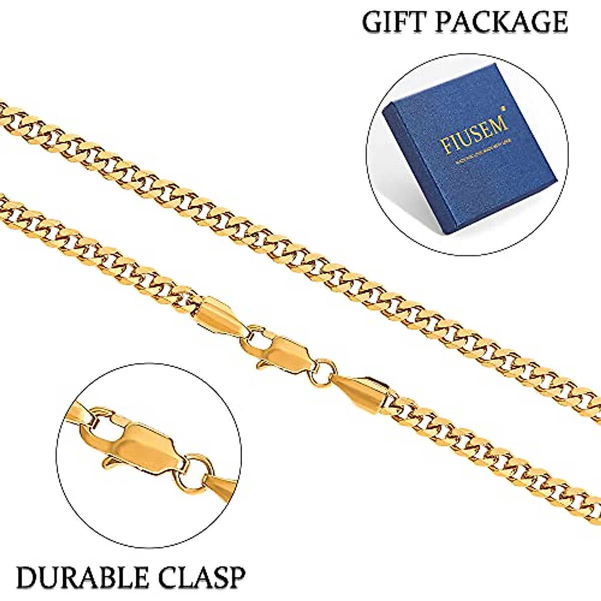 Fiusem 3.5mm Gold Plated Chain for Men, Diamond Cut Stainless Steel Cuban Chain, Miami Cuban Link Gold Chain Necklace for Women Men, Mens Chain 20 Inch