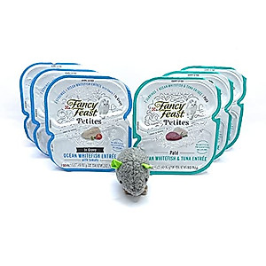 Fancy Feast Petites Cat Food Ocean Whitefish Flavor Bundle Includes (3) Each: Ocean Whitefish & Tuna Pate (2.8 oz), Ocean Whitefish with Tomato in Gravy(2.8 oz) & Catnip Toy