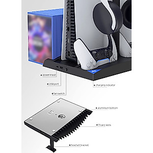 Storage Stand for PS5 Console/Digital Edition, Game Organizer with Cooling Fan, Controller Charger Station, 15 Game Case Holder, 3 USB Ports and 1 Media Remote Storage - Black