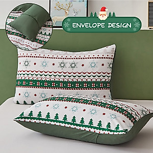 Cottolester Christmas Duvet Cover Queen Size Christmas Tree Snowflake Bedding Set Striped Duvet Cover Lightweight Soft Microfiber Bedding Set(Green,3PC)