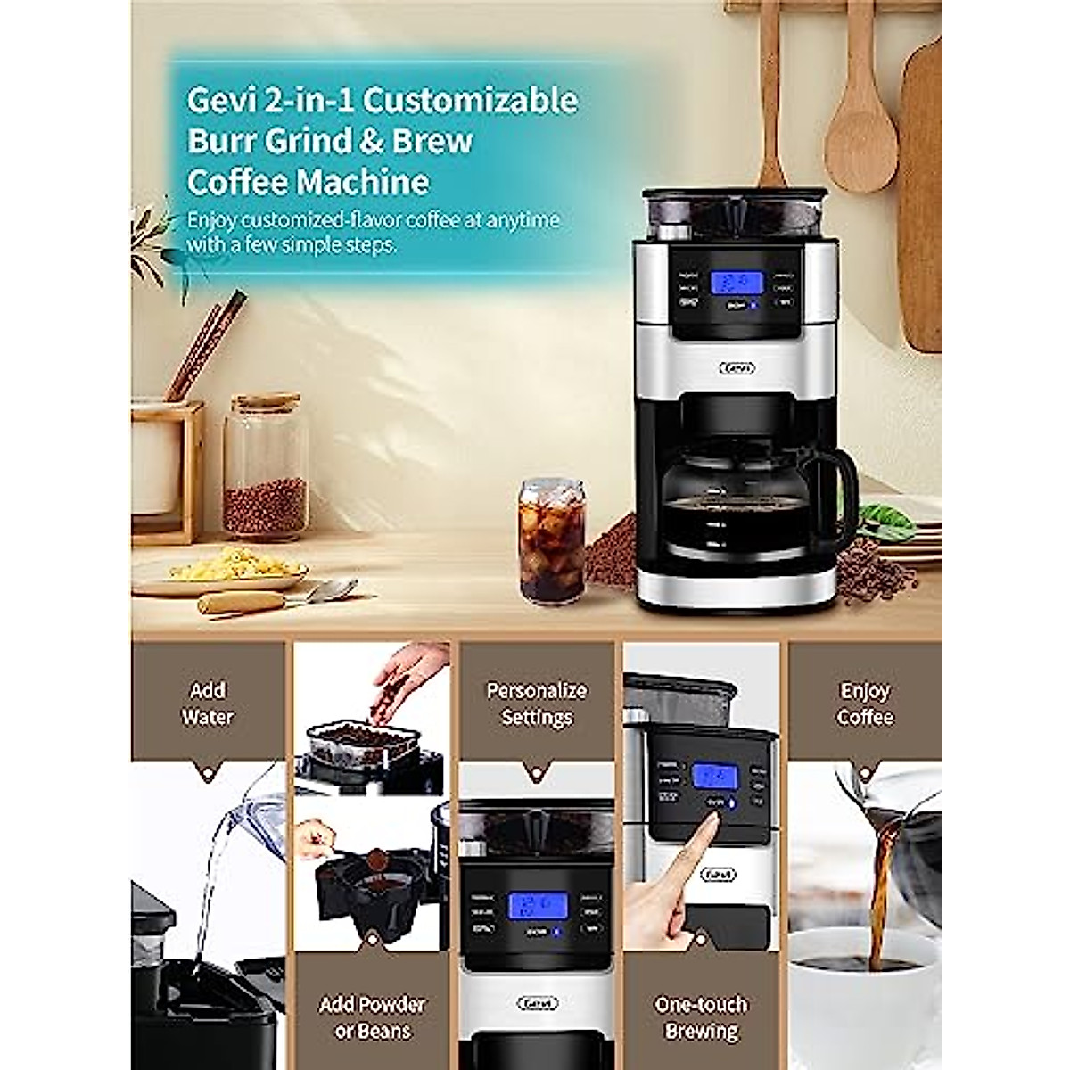 10-Cup Drip Coffee Maker, Brew Automatic Coffee Machine with Built-In Burr Coffee Grinder, Programmable Timer Mode and Keep Warm Plate, 1.5L Large Capacity Water Tank, Removable Filter Basket, 900W