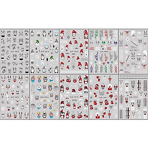 JMEOWIO 10 Sheets Glitter Christmas Nail Art Stickers Decals Self-Adhesive Pegatinas Uñas Snowflake Xmas Winter Holiday Cute Santa Nail Supplies Nail Art Design Decoration Accessories