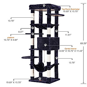 Heybly Cat Tree with Extra Large Platform, 69 inches XXL Large Cat Tower for Indoor Cats, Multi-Level Cat House with Padded Plush Perch, Cozy Basket and Scratching Posts, Smoky Gray HCT031G