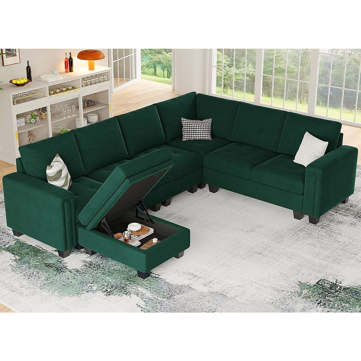 Belffin Velvet Modular Sectional Sofa with Storage Ottoman 6 Seater L Shaped Sectional Modular Sofa Couch with Reversible Chaise Convertible Corner Sectional Couch Green,