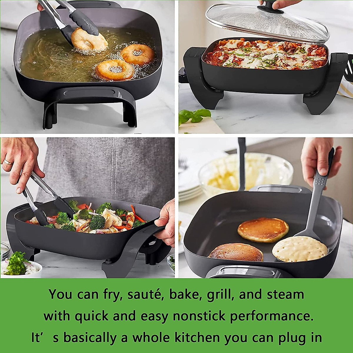 12-inch Ceramic Electric Skillet Nonstick - with Glass Lid, Adjustable Temperature Control (5QT.)