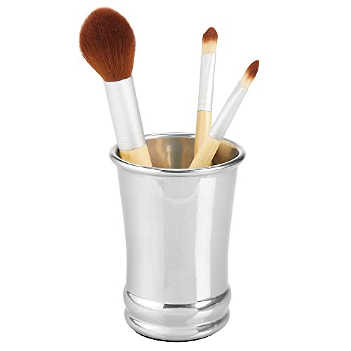 mDesign Metal Bathroom Vanity Countertop Accessory Set - Includes Refillable Soap Dispenser, Divided Toothbrush Stand, Tumbler Rinsing Cup, Vivi Collection, Set of 3, Chrome