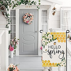 Hello Spring Bees Floral Garden Flag 12x18 Inch Double Sided Burlap Outside, Flower Seasonal Sign Yard Outdoor Decoration DF238