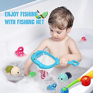 Bath Toys Fish Set, Fishing Game w/ Swimming Tortoise, Fishing Pole & Net, Fish Game Bathtub Water Table Shower Pool Bathroom Toy for Toddlers Baby Kids Infants Boys Girls