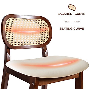 Counter Height Bar Stools Set of 3 Rattan Barstools with Back and Wood Frame, PU Leather Upholstered Bar Chairs, Mid Century Modern Farmhouse Counter Stool for Kitchen Island/Home Bar, Cream White