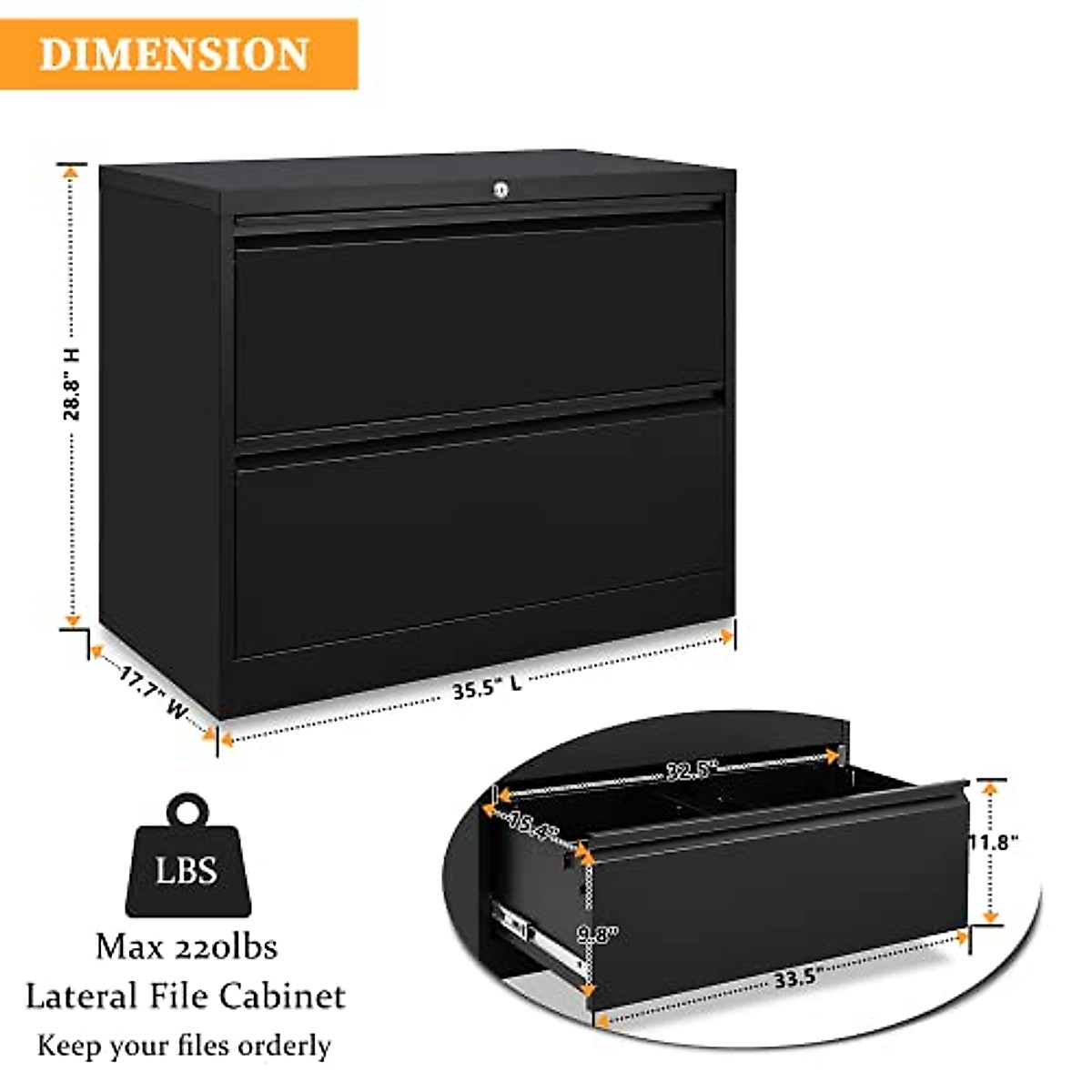 VINGLI Wide Lateral 2 Drawer File Cabinet with Lock, Metal File Cabinets for Home Office, Black File Cabinet Printer Stand for Hanging Letter/Legal Size File Folders with Tabs, Easy Assembly Required
