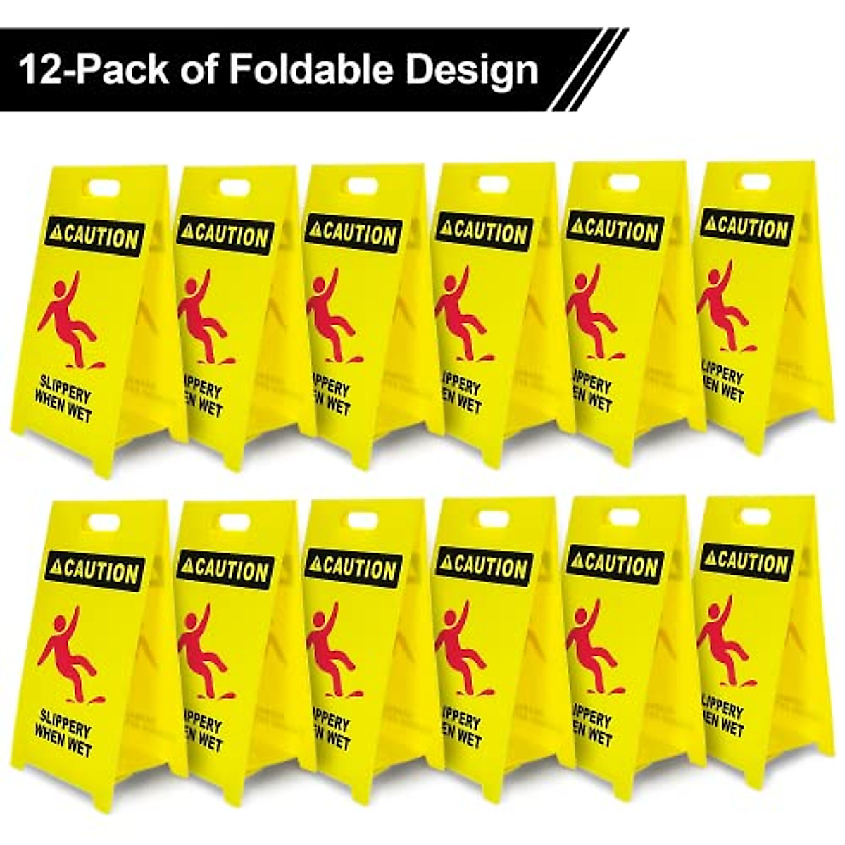 8 NET 12-Pack Caution Wet Floor Sign with Graphic, 19’’ height, durable corrugated plastic, double-sided English/Spanish Wet floor Caution Stand for indoors and outdoors, Avoid Fall & Slip Accident