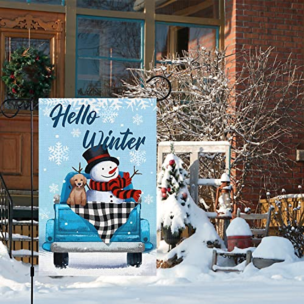 Hello Winter Garden Flag 12x18 Double Sided, Burlap Small Vertical Buffalo Check Plaid Winter Truck Garden Yard House Flags with Snowman Dog for Winter Outside Outdoor Decoration (ONLY FLAG)