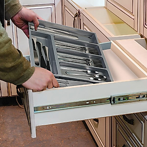 KAKUNM Adjustable Silverware Organizer | Cutlery Utensil Organizer Silverware Tray for Drawer Apartment Essentials, Convenient Flatware Kitchen Organization and Storage for Spoon Knife, Gray